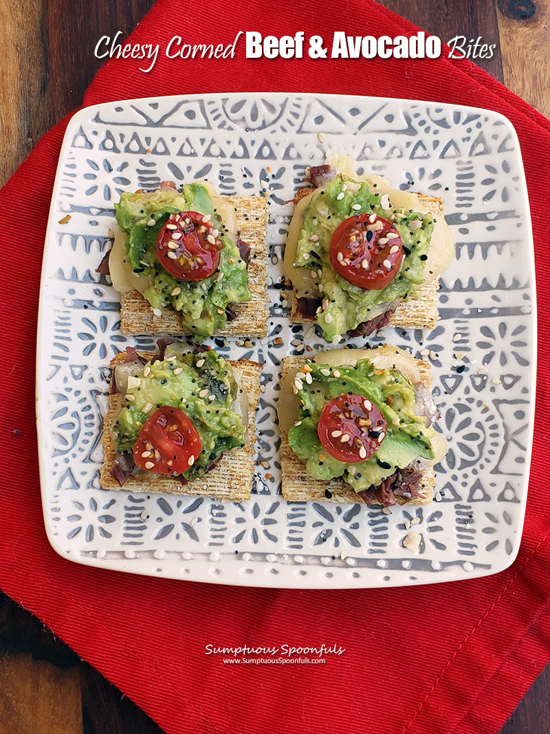 Cheesy Corned Beef & Avocado Bites #cornedbeef #appetizers